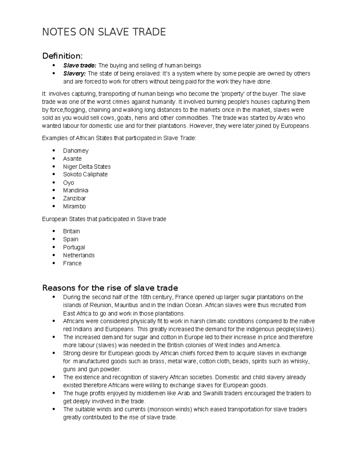 O Level Slave Trade Notes - NOTES ON SLAVE TRADE Definition: Slave ...