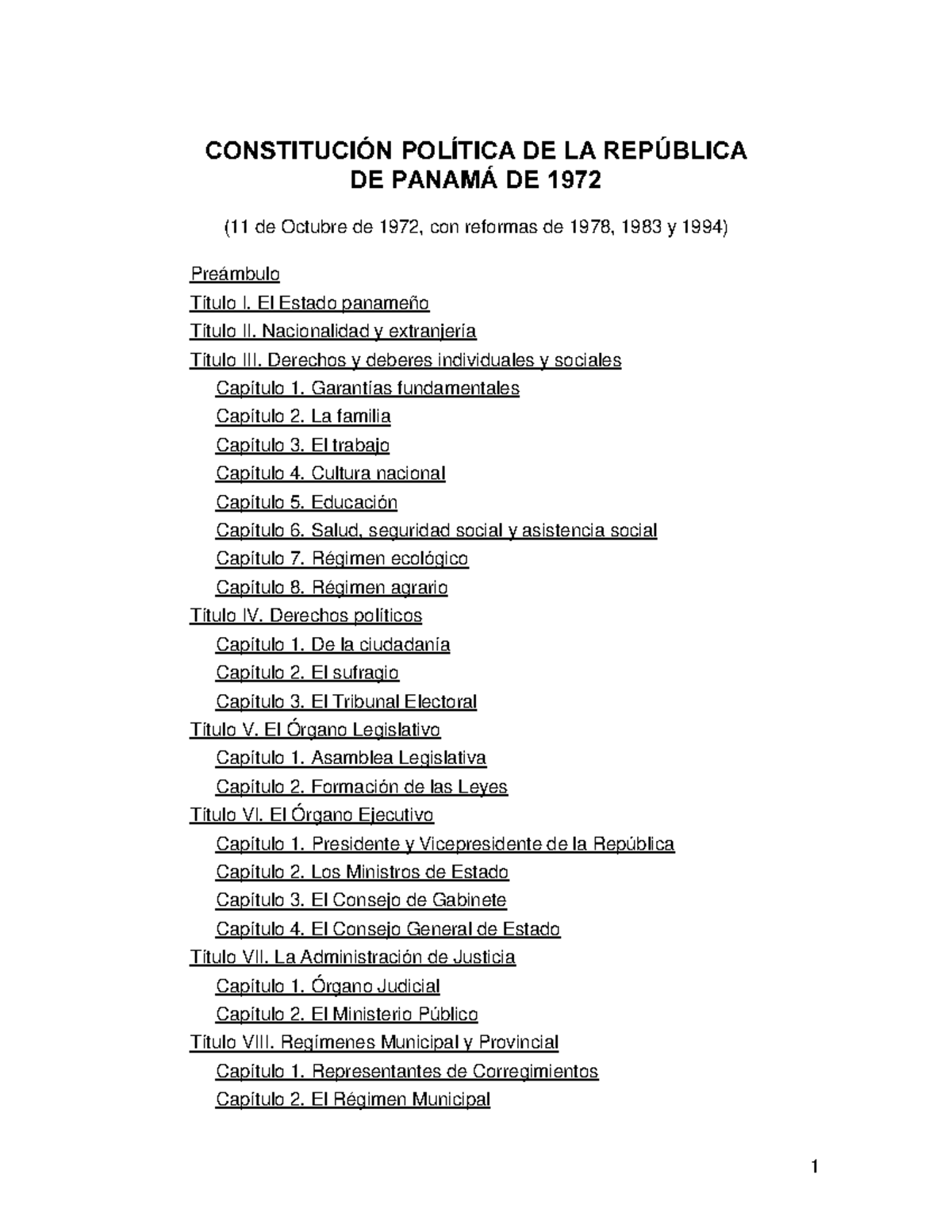 Constitucion Politica de la Republica de Panama de 1972 con reformas de ...