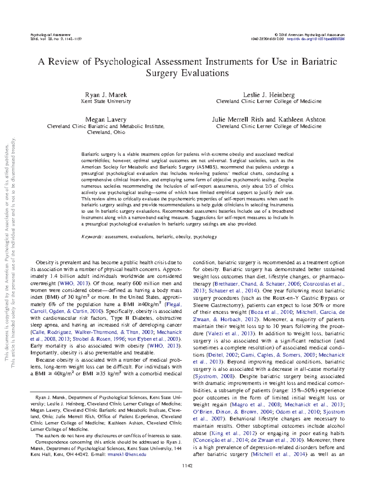 A Review of Psychological Assessment Instruments for Use in Bariatric ...