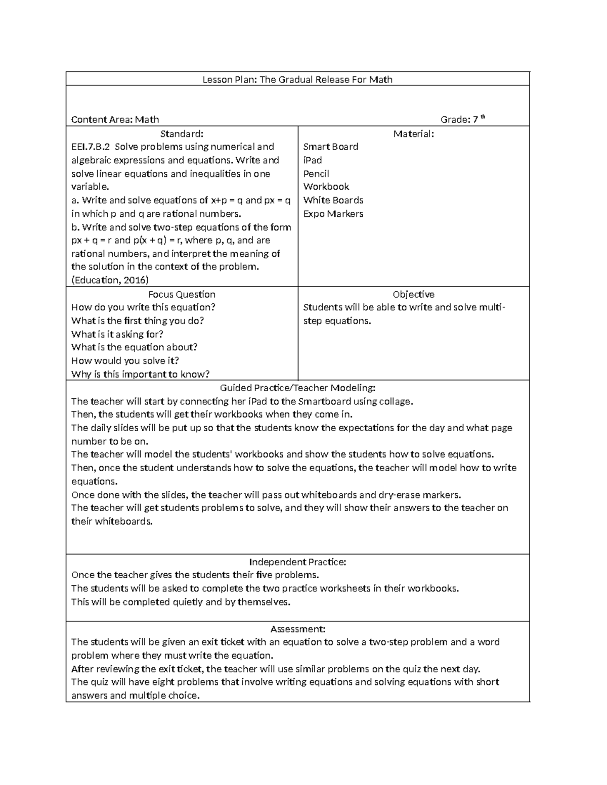 Task Two - Task Two - Lesson Plan: The Gradual Release For Math Content ... Task Two - Task Two - Lesson Plan: The Gradual Release For Math Content ...