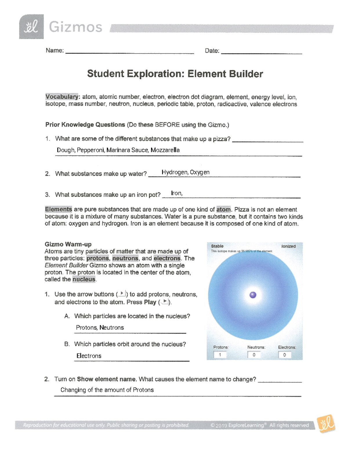 Gizmos - Atomic Structure - Gizmos Name: Date: Student Exploration: Element Builder Vocabulary ...