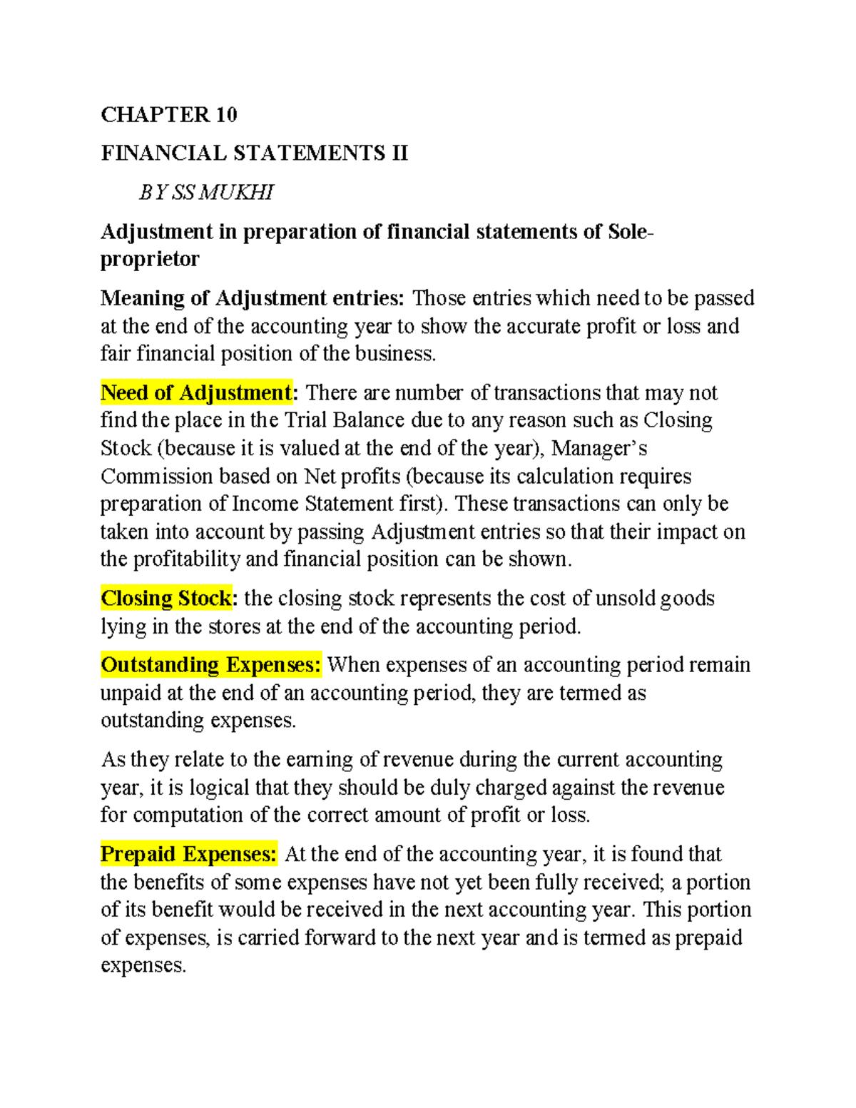 ACT XI Chapter 10 Financial Statements II - CHAPTER 10 FINANCIAL STATEMENTS II BY SS MUKHI - Studocu