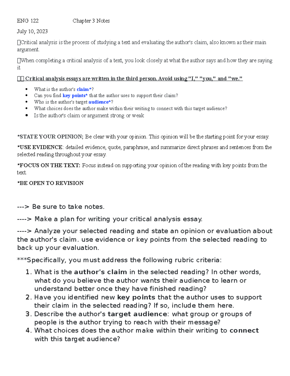 Chp 3 Notes ENG 122 - assignment - ENG 122 Chapter 3 Notes July 10 ...