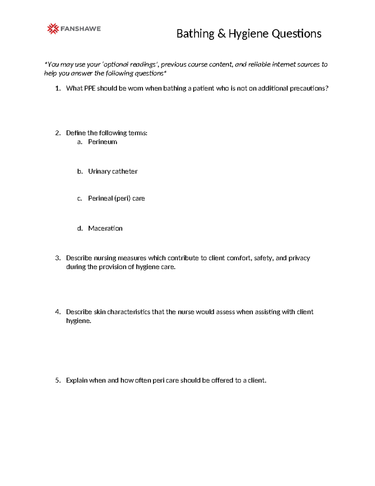 Week 1 Homework - Bathing & Hygiene Questions - Bathing & Hygiene ...