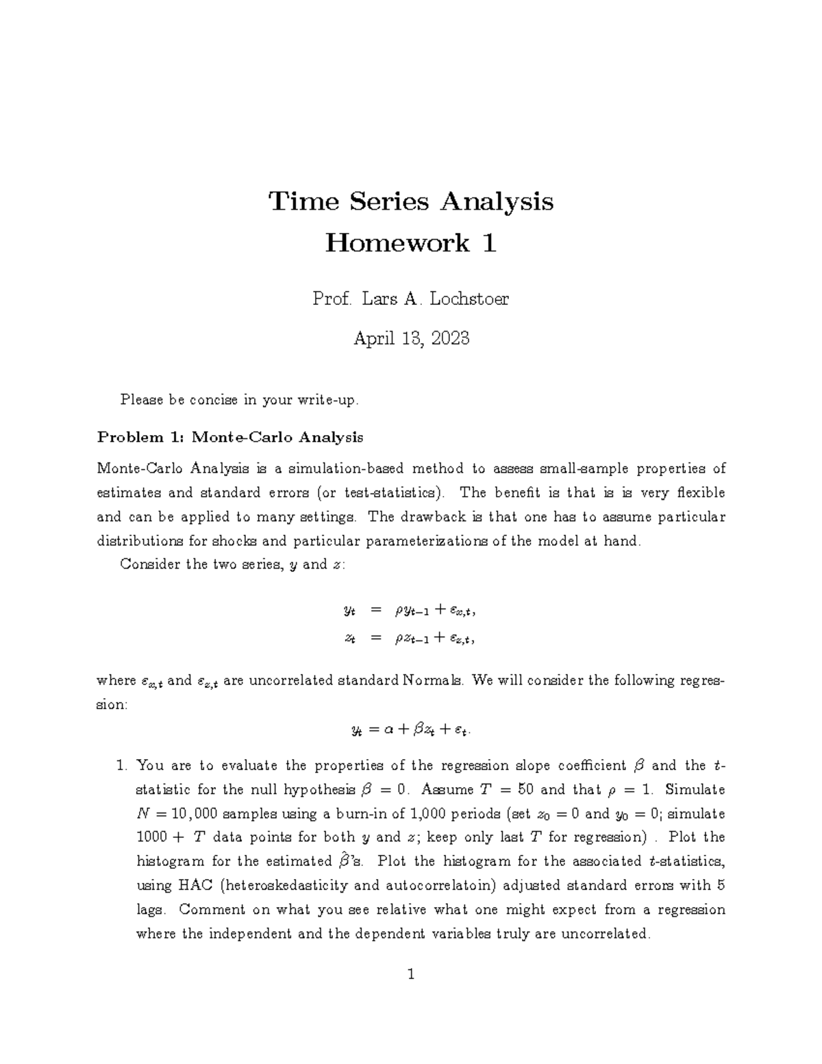 HW 1 - 2023 - Homework - Time Series Analysis Homework 1 Prof. Lars A ...