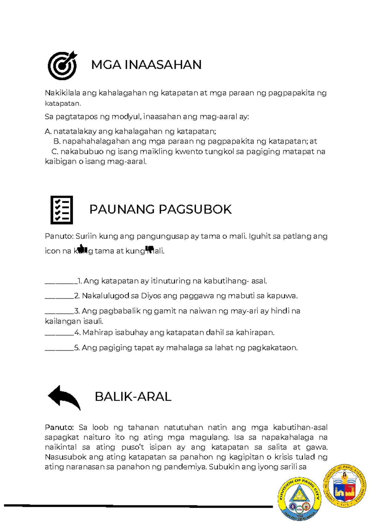 ESP - Panuto: Suriin kung ang pangungusap ay tama o mali. Iguhit sa ...