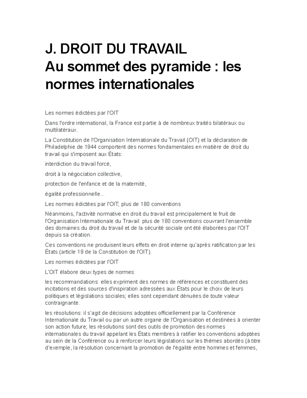 J. Droit DU TravailAu sommet des pyramide : les normes internationales ...