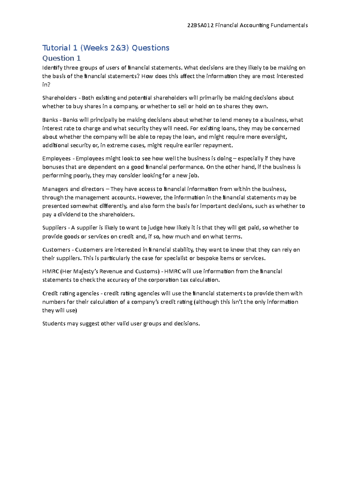 22 BSA012 Tutorial 1 solutions - 22BSA012 Financial Accounting Fundamentals Tutorial 1 (Weeks ...