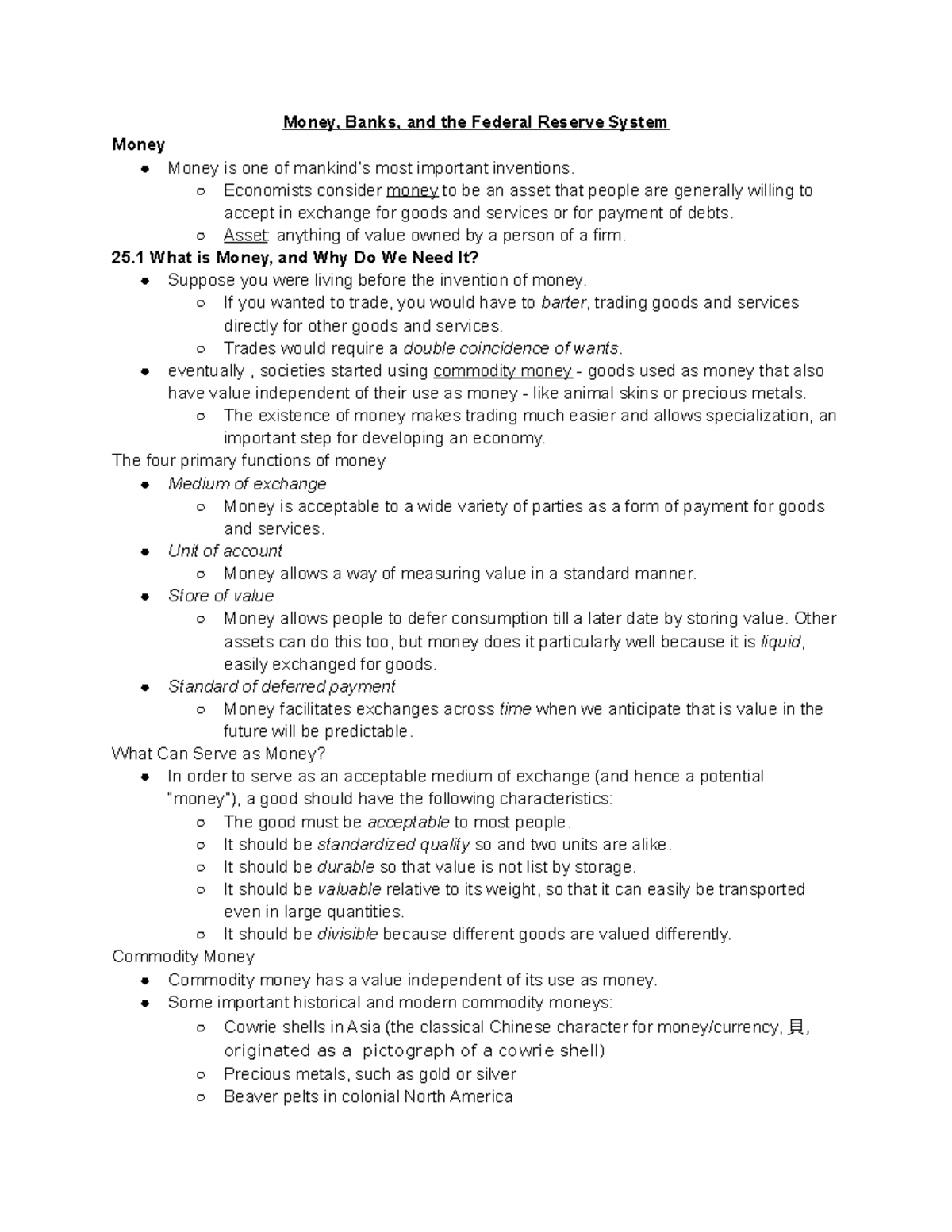 Chapter 25 - Money, Banks, and the Federal Reserve System Money Money ...