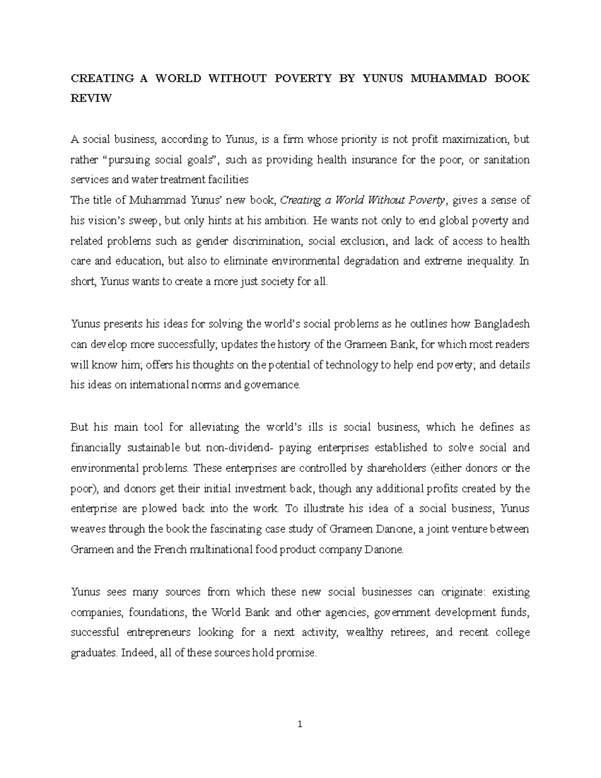 Creating A World Without Poverty BY Yunus Muhammad BOOK Reviw ...