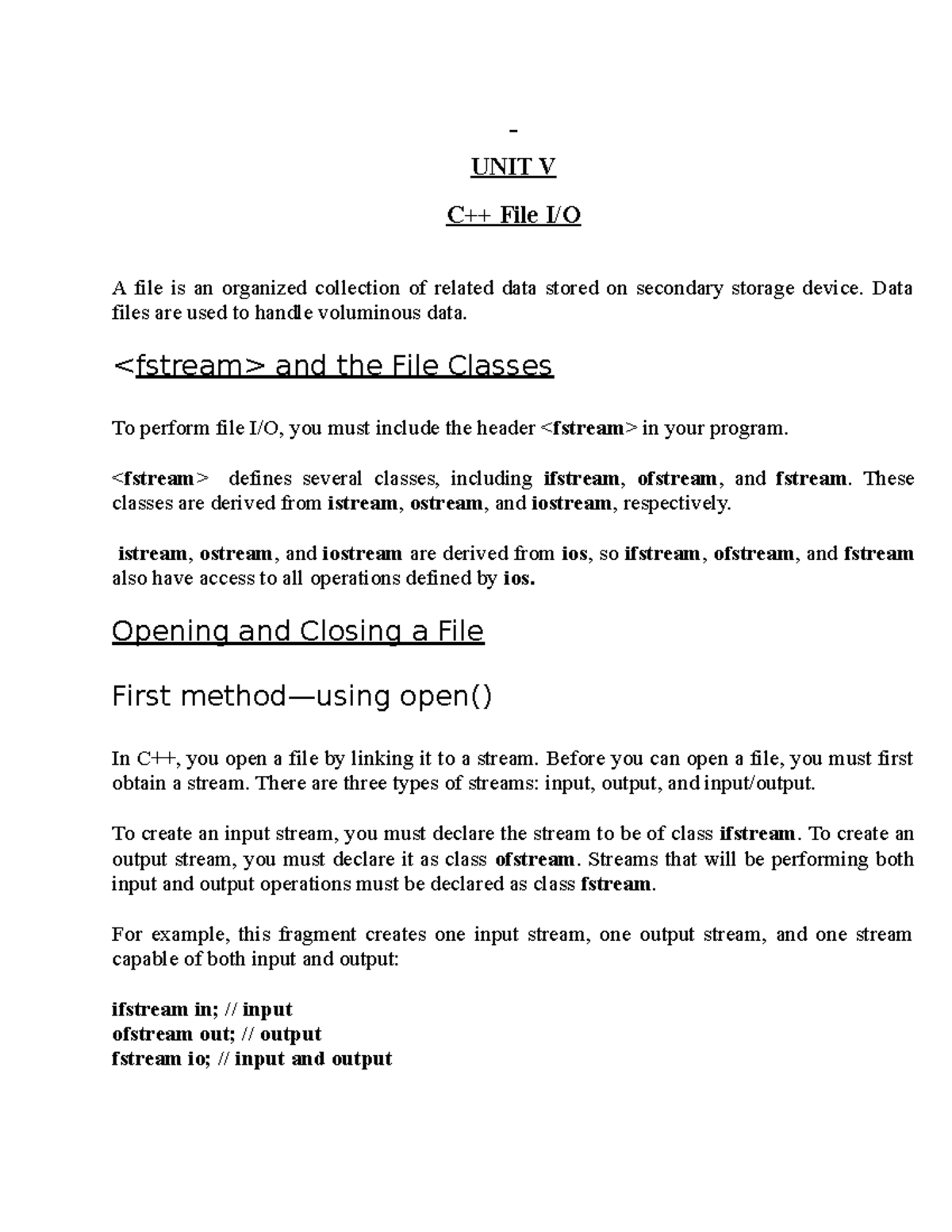 UNIT V - zvSDEgrfhgfrg - UNIT V C++ File I/O A file is an organized ...