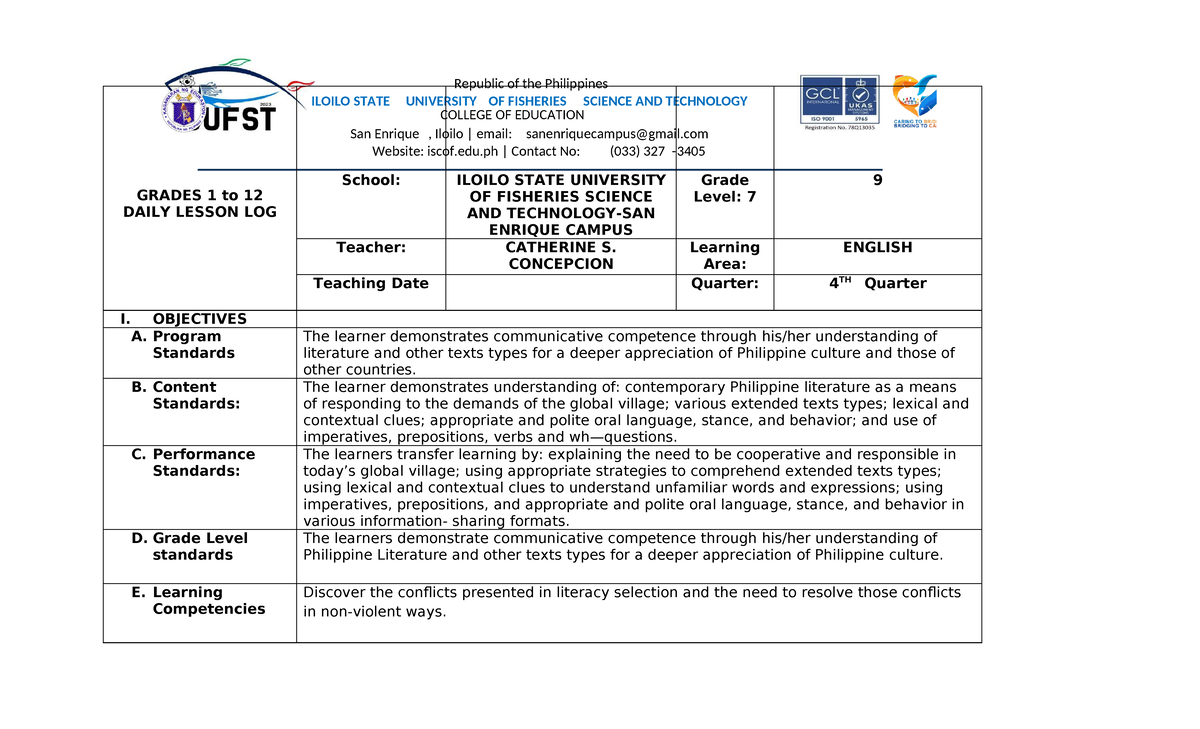 MY Lesson PLAN - ILOILO STATE UNIVERSITY OF FISHERIES SCIENCE AND ...
