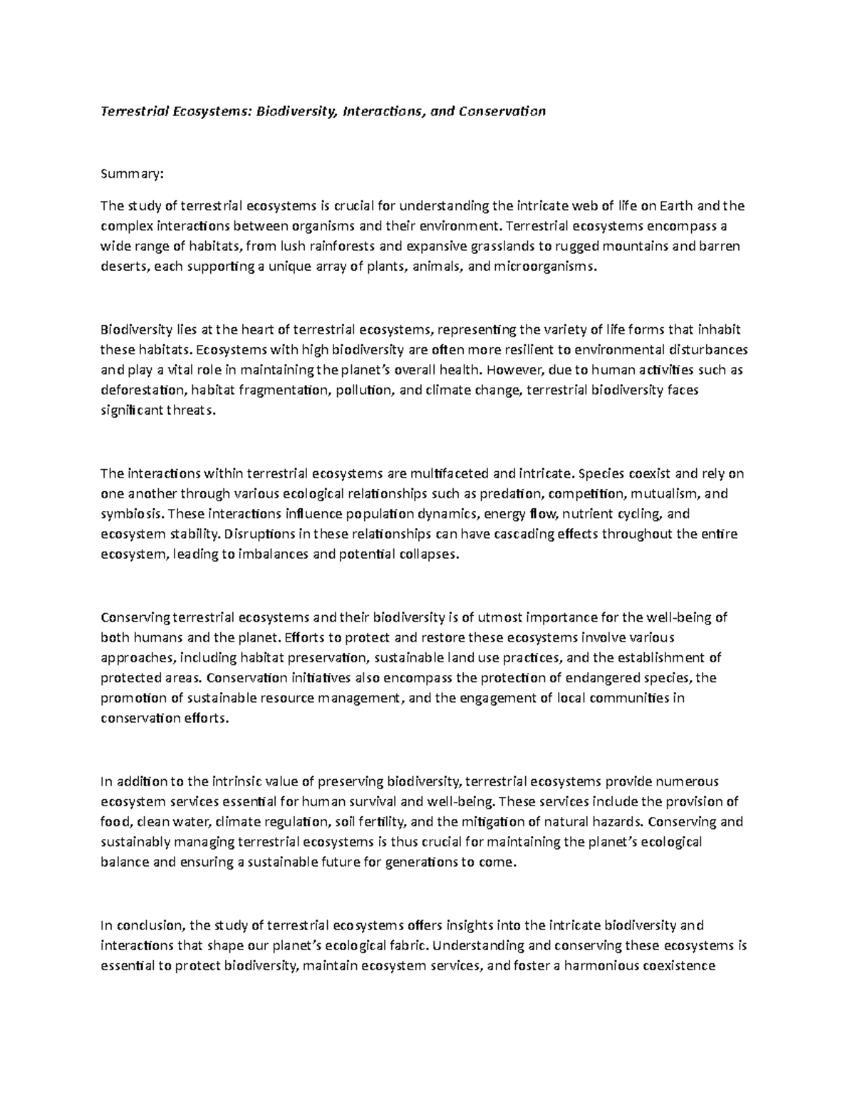 Terrestrial Ecosystems — Biodiversity, Interactions, and Conservation ...