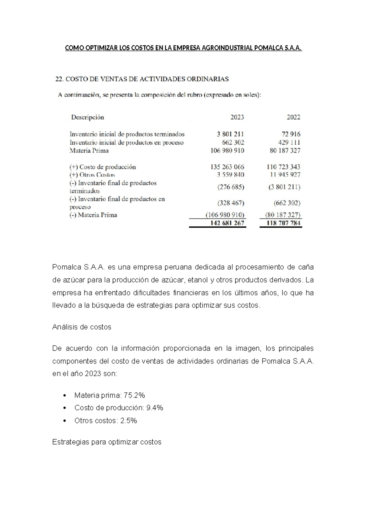COMO Optimizar LOS Costos EN LA Empresa Agroindustrial Pomalca S - COMO ...