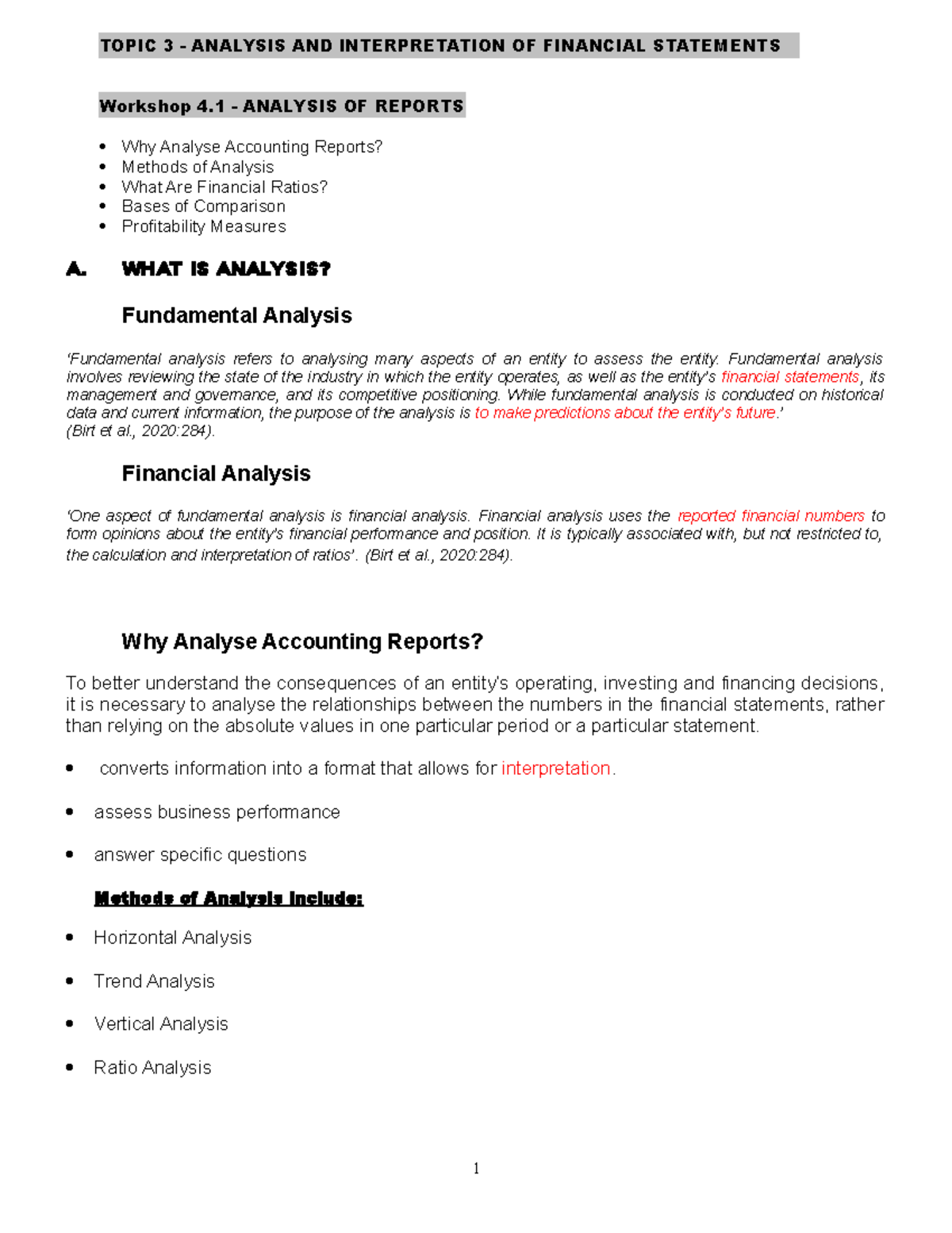Week 2 Topic 3 Workshop 4 - TOPIC 3 - ANALYSIS AND INTERPRETATION OF ...