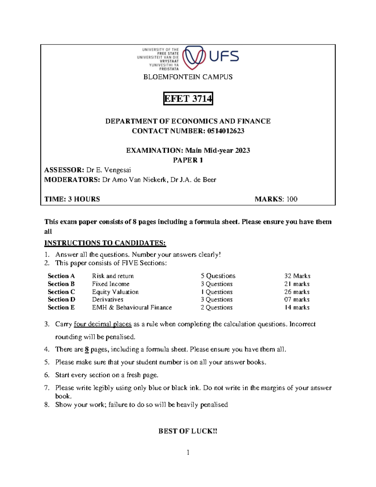 Main Exam Paper 2023 - Exam - BLOEMFONTEIN CAMPUS EFET 3714 DEPARTMENT ...