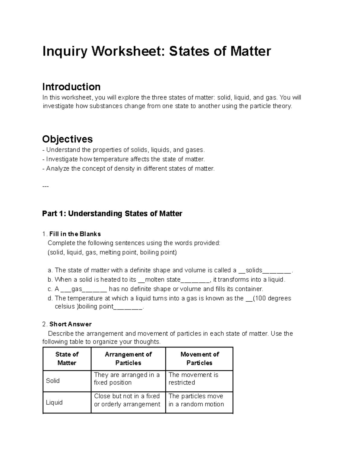 Phy Inquiry Worksheet asssignment - Inquiry Worksheet: States of Matter ...
