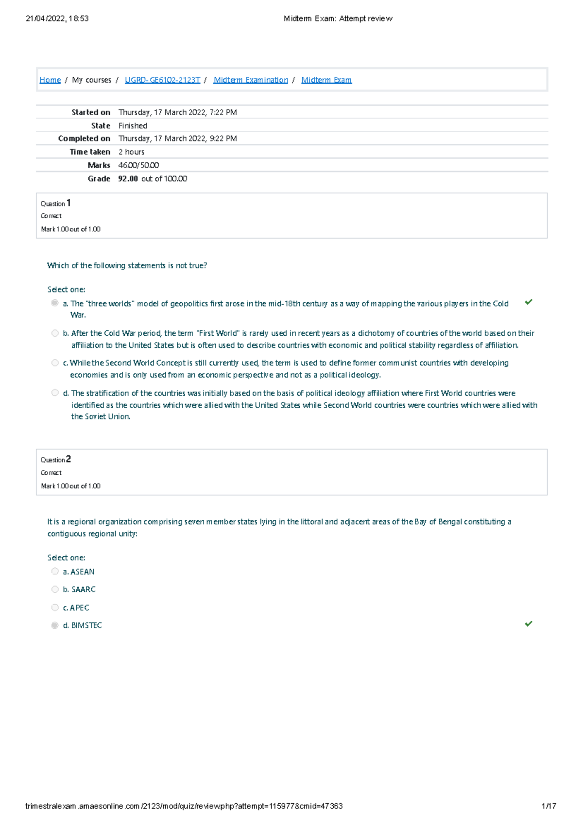 TCW (Midterm Exam Attempt 1 review) - Home / My courses / UGRD-GE6102 ...