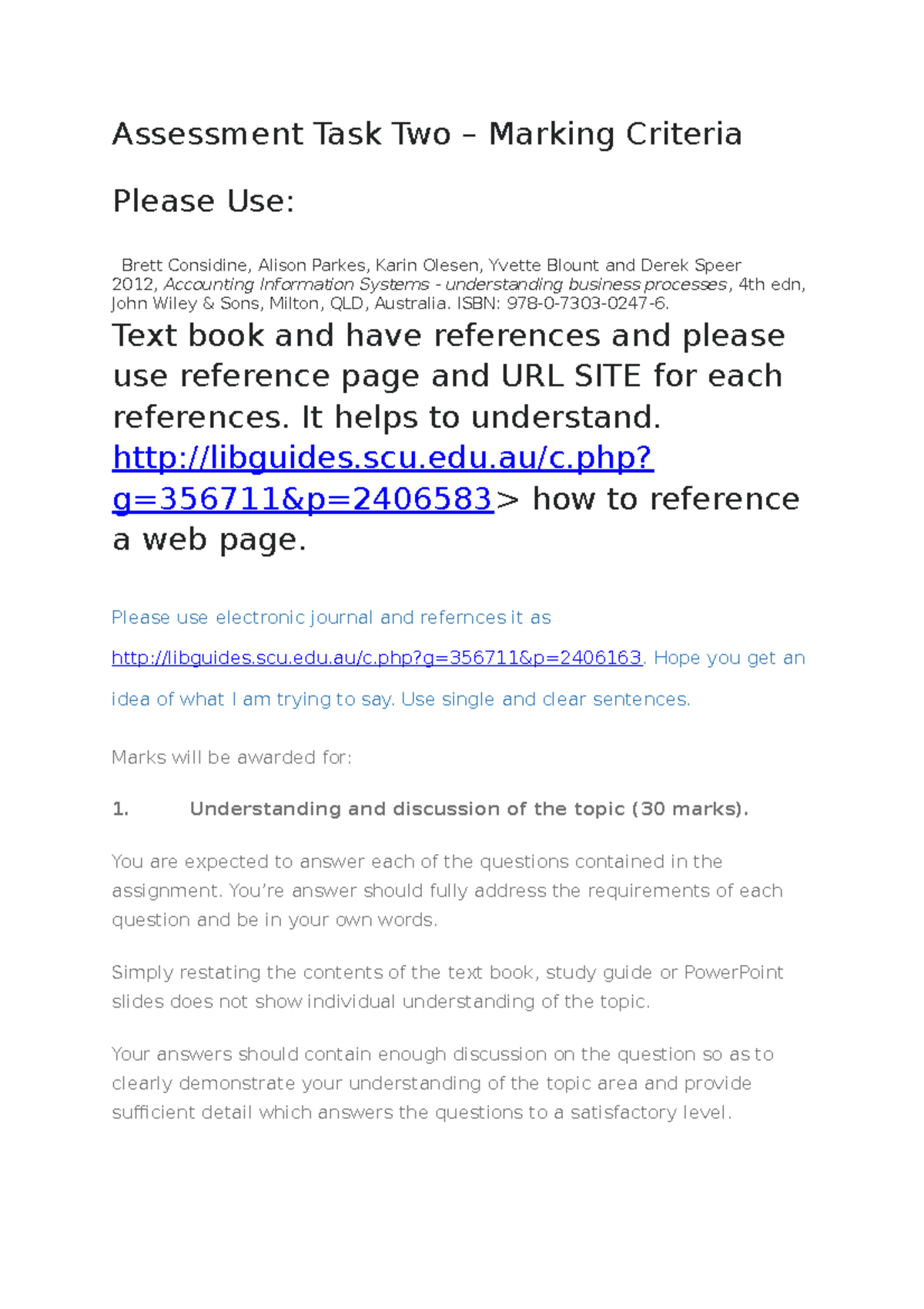 Assessment Task Two – Marking Criteria - Assessment Task Two – Marking ...