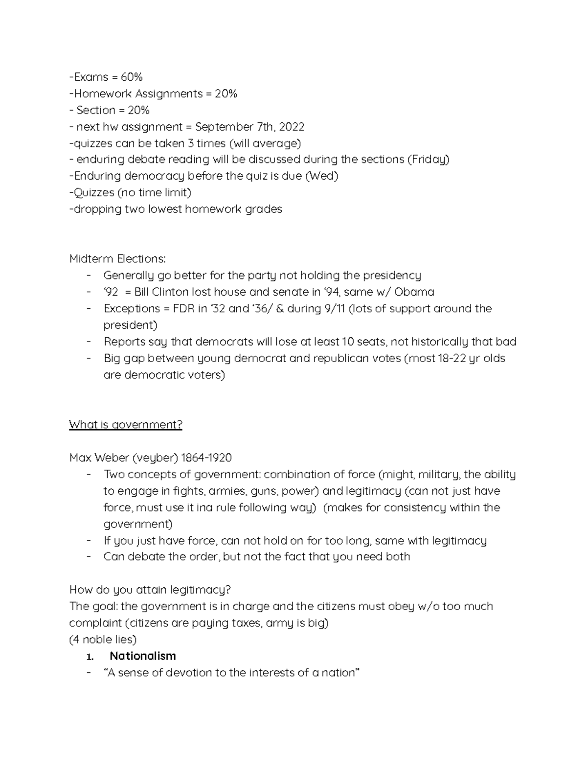 POLS 1602 Notes -Exams = 60% -Homework Assignments = 20% Section = 20% ...