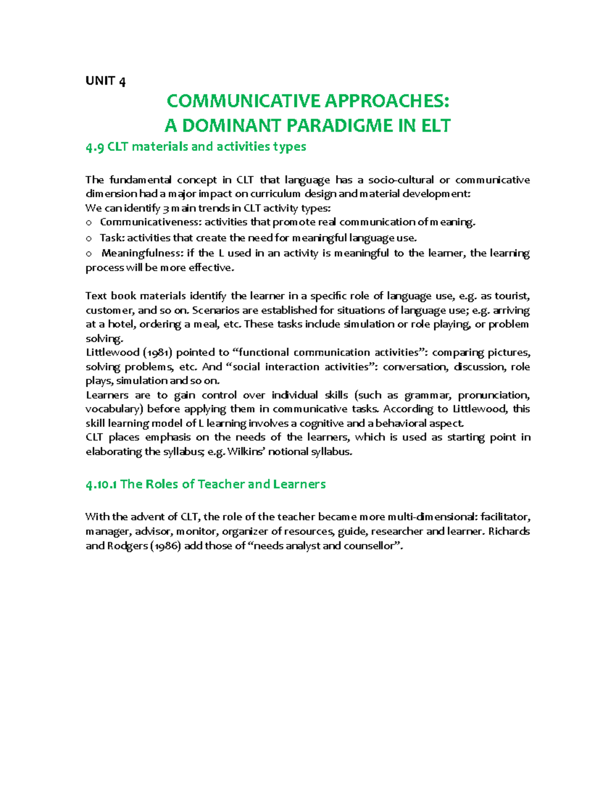 UNIT 4- CLT Approaches - CLT materials and activities types, The Roles ...