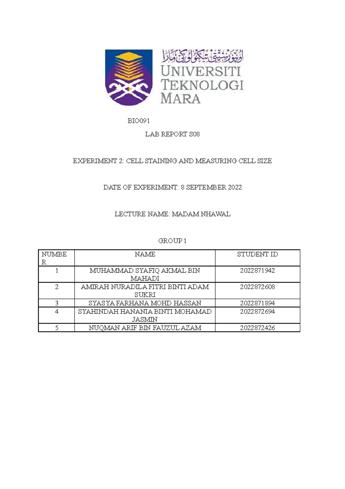 BIO091 EXP 2 - aaaaa - BIO LAB REPORT S EXPERIMENT 2: CELL STAINING AND ...