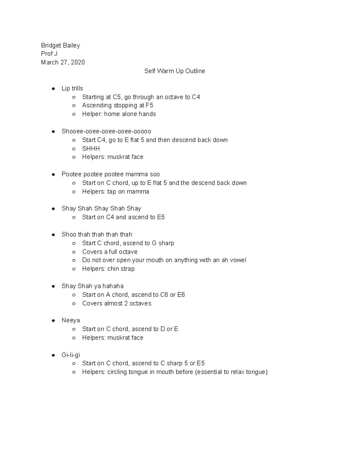 Vocal warm ups - warm up notes - Bridget Bailey Prof J March 27, 2020 ...