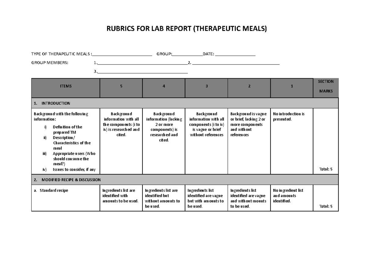 Rubrics ( Therapeutic Meals) - RUBRICS FOR LAB REPORT (THERAPEUTIC ...