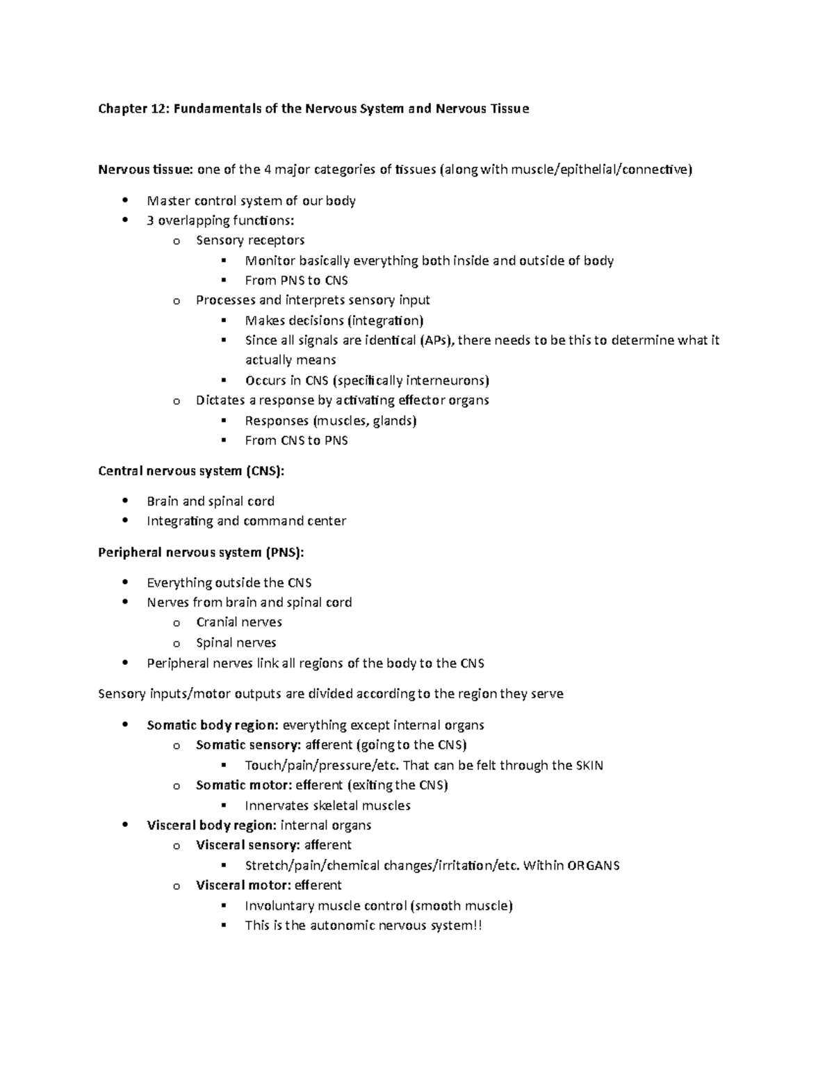 HHP3115 Unit 3 Notes - Chapter 12: Fundamentals of the Nervous System ...
