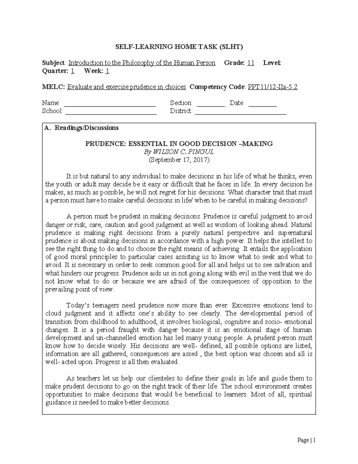 Introduction to the Philosophy of the Human Person - Quarter 2 - SLHT 1 - SELF-LEARNING HOME ...