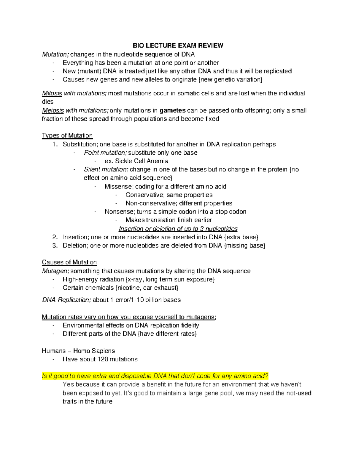 BIO Exam Review - notes - BIO LECTURE EXAM REVIEW Mutation ; changes in ...