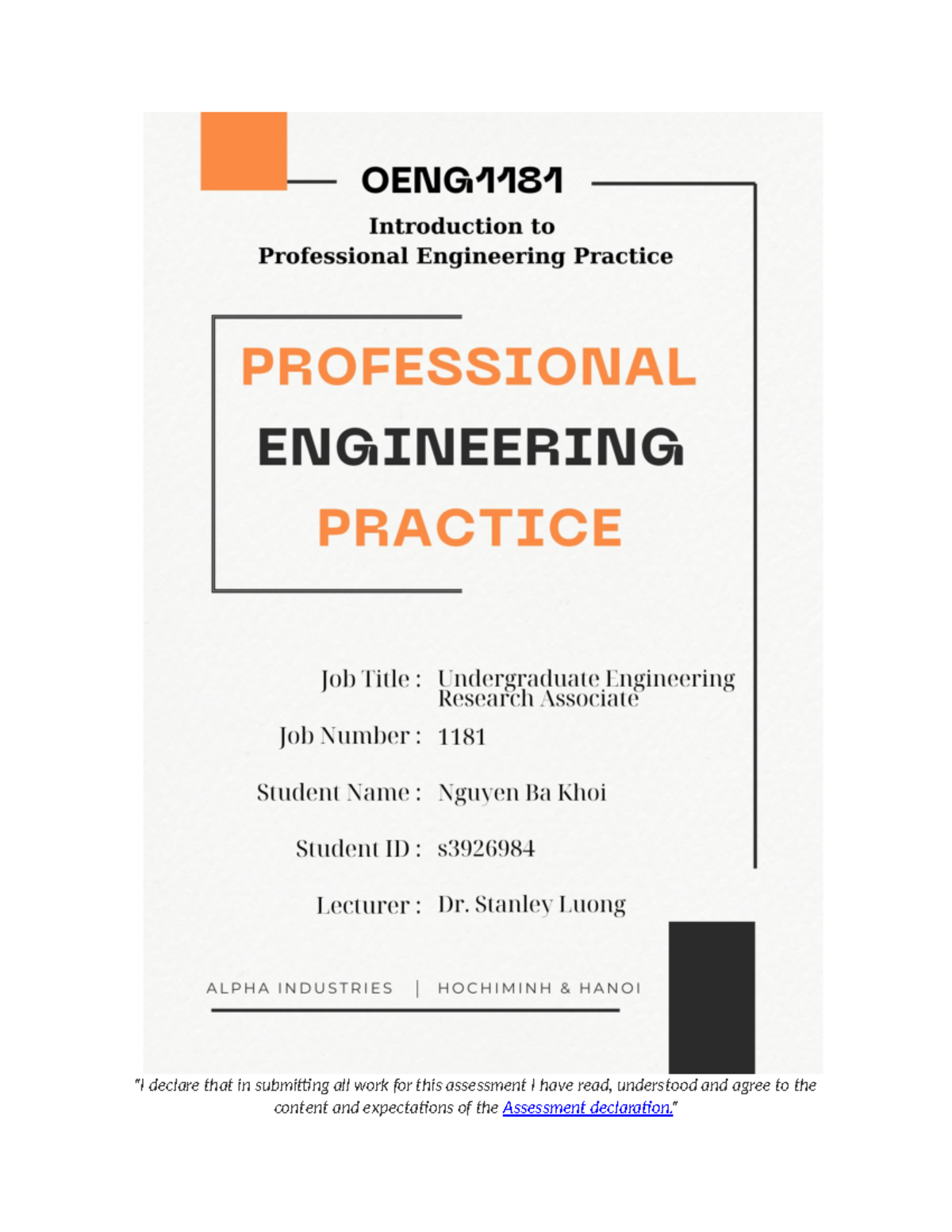 OENG1181 Intro to Professional Engineering Practice A1 - "I declare ...