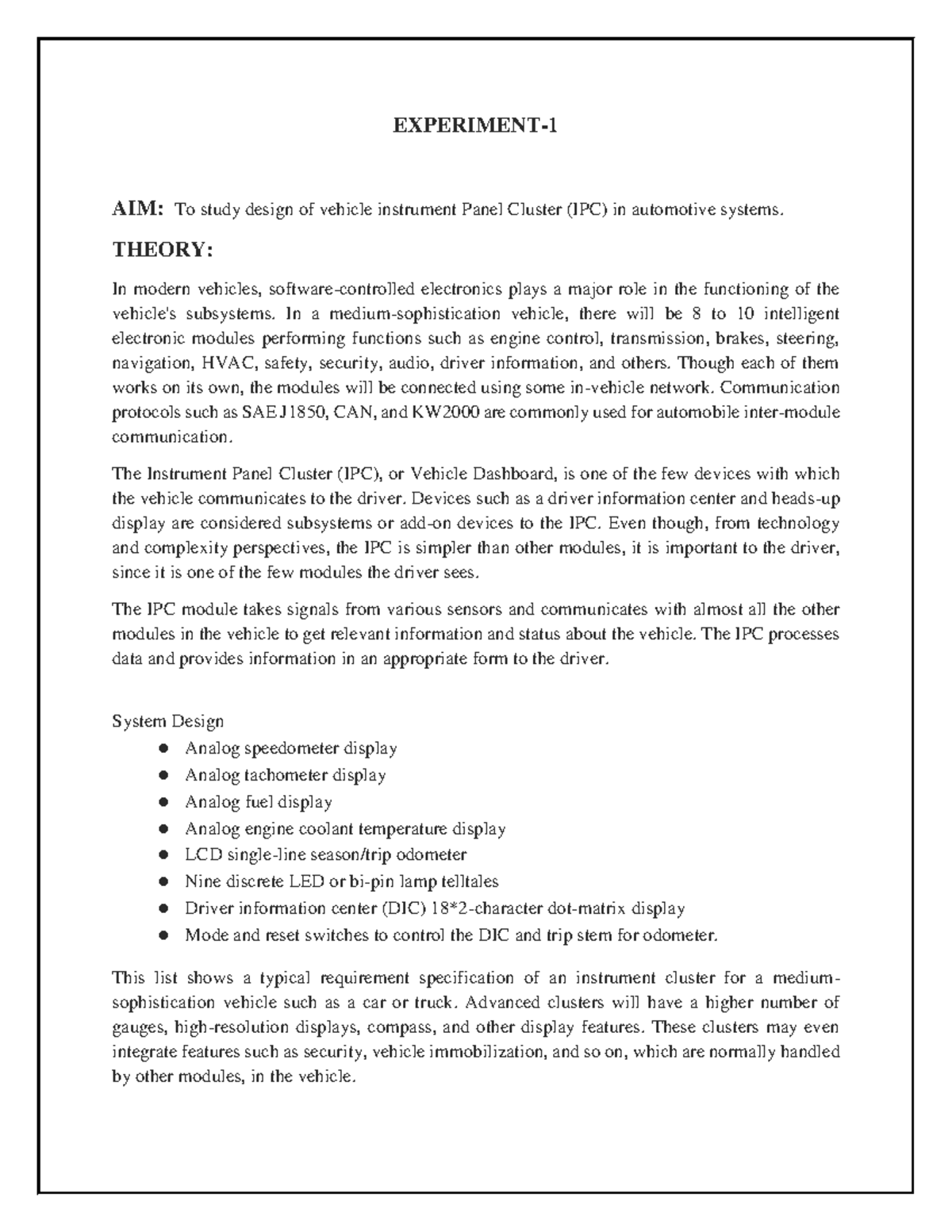 Experiment AE - practical of automotive electronics - EXPERIMENT- AIM ...