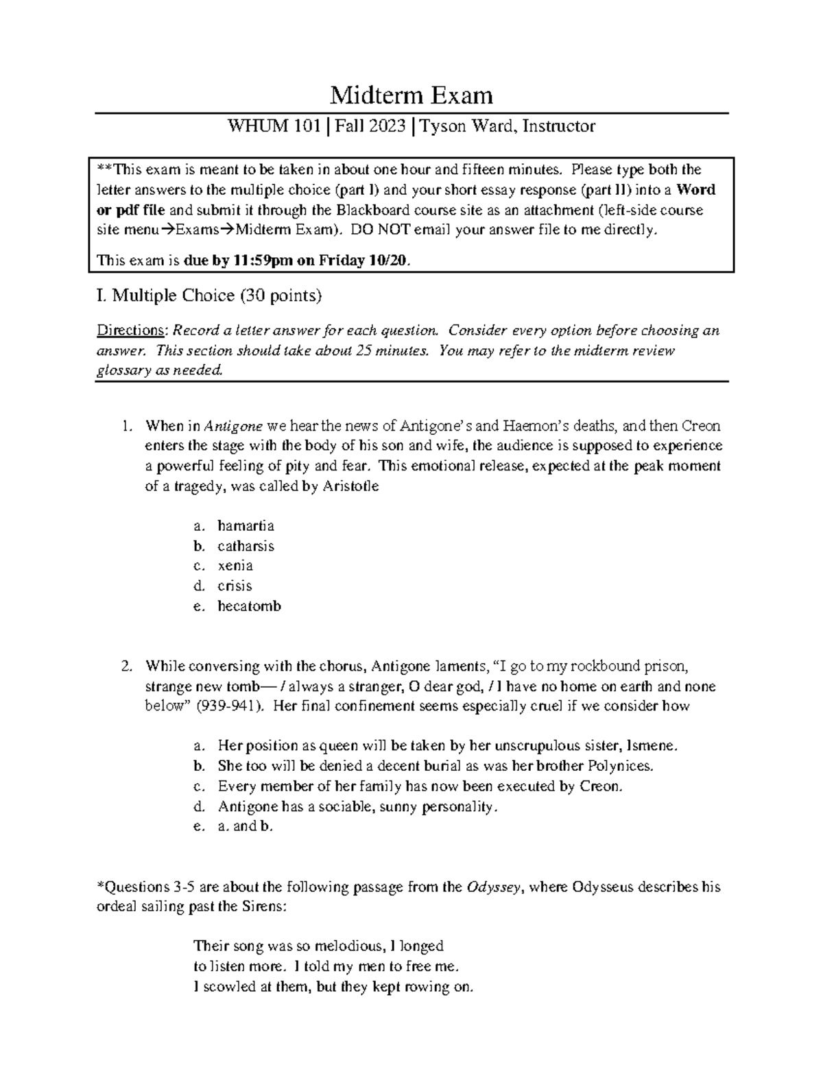 WHUM 10100 Midterm - Midterm Exam WHUM 101 | Fall 2023 | Tyson Ward ...