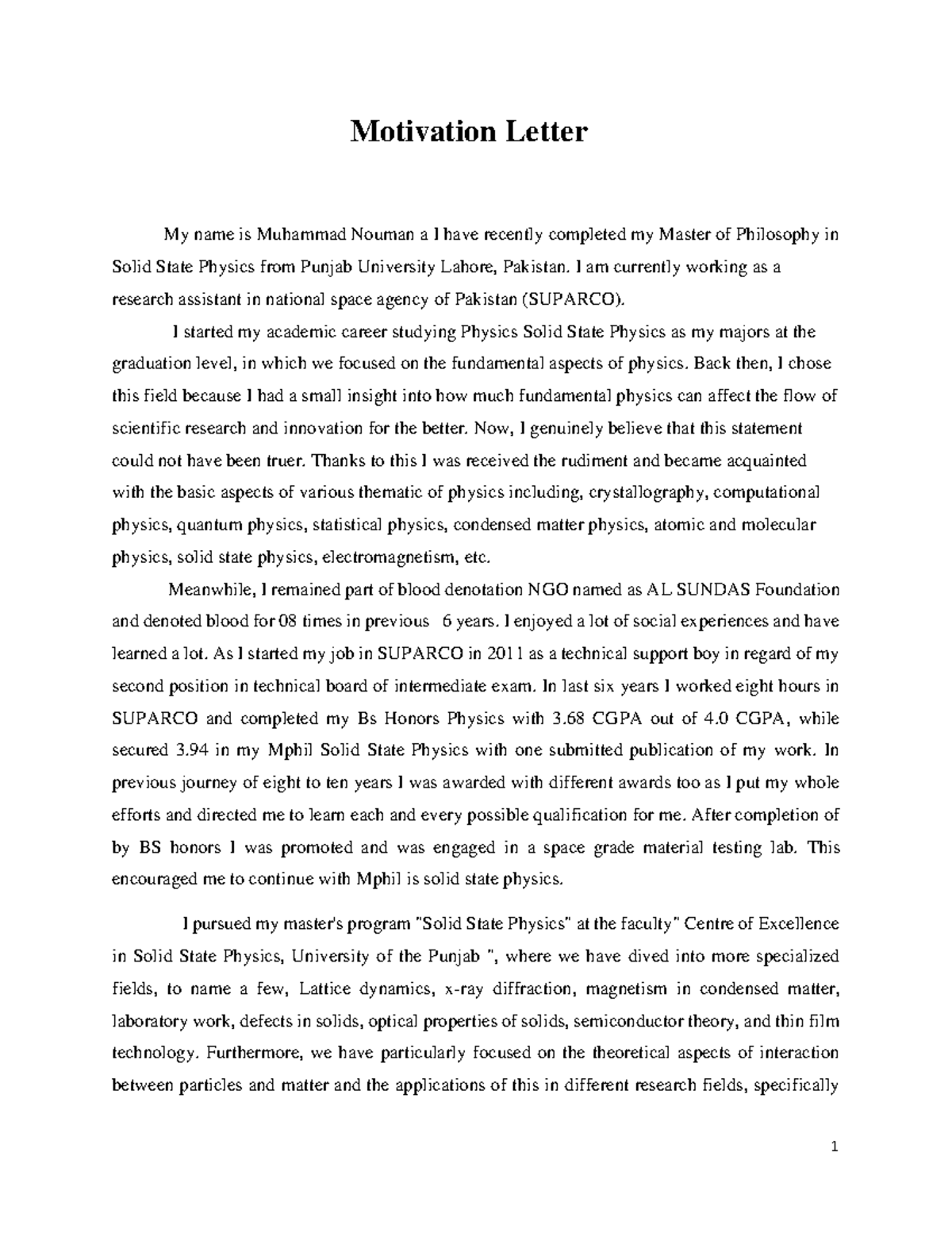 Motivation Letter - 1 Motivation Letter My name is Muhammad Nouman a I ...