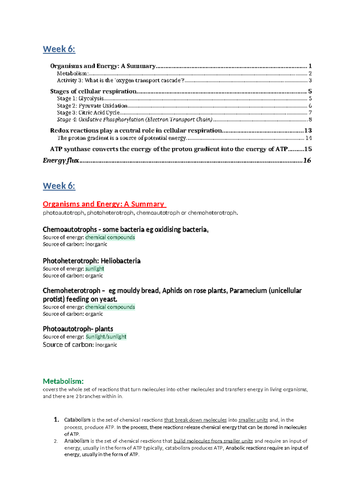 Week 6 Study Guide - Week 6: Organisms and Energy: A - Studocu