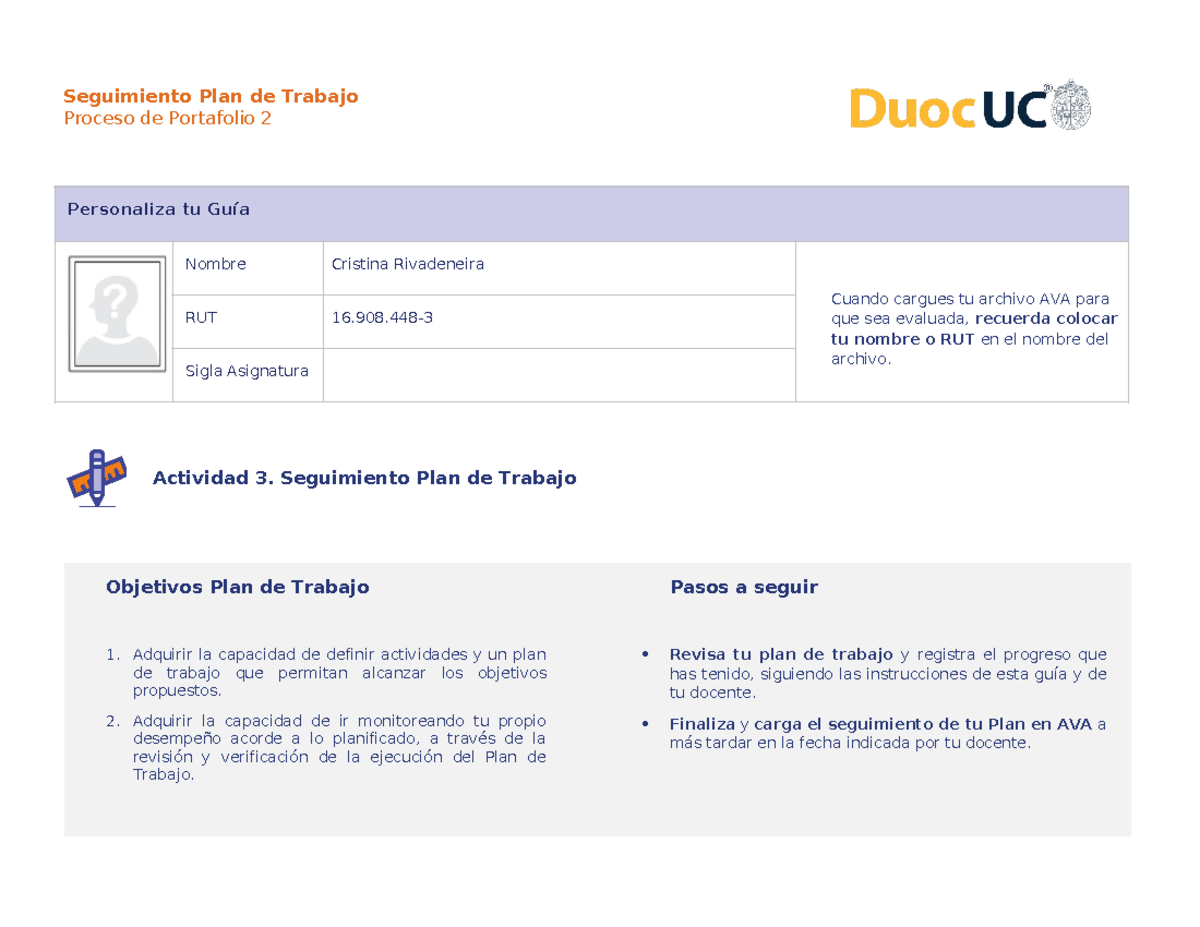 Portafolio 3 - RUT 16.908- Sigla Asignatura Actividad 3. Seguimiento ...