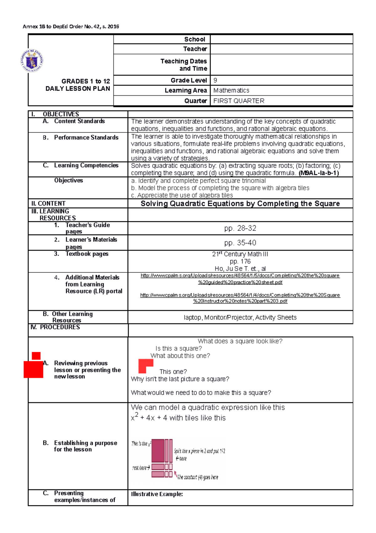 Math 9 Lesson Plan - Annex 1B to DepEd Order No. 42, s. 2016 GRADES 1 ...
