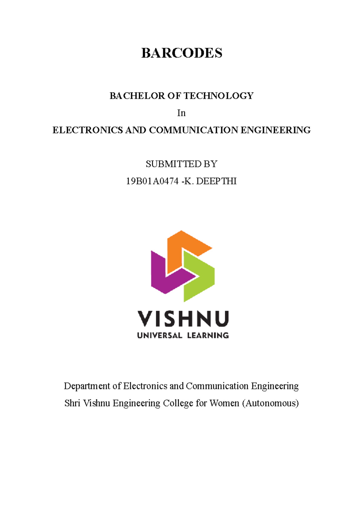 Barcodes - BARCODES BACHELOR OF TECHNOLOGY In ELECTRONICS AND ...