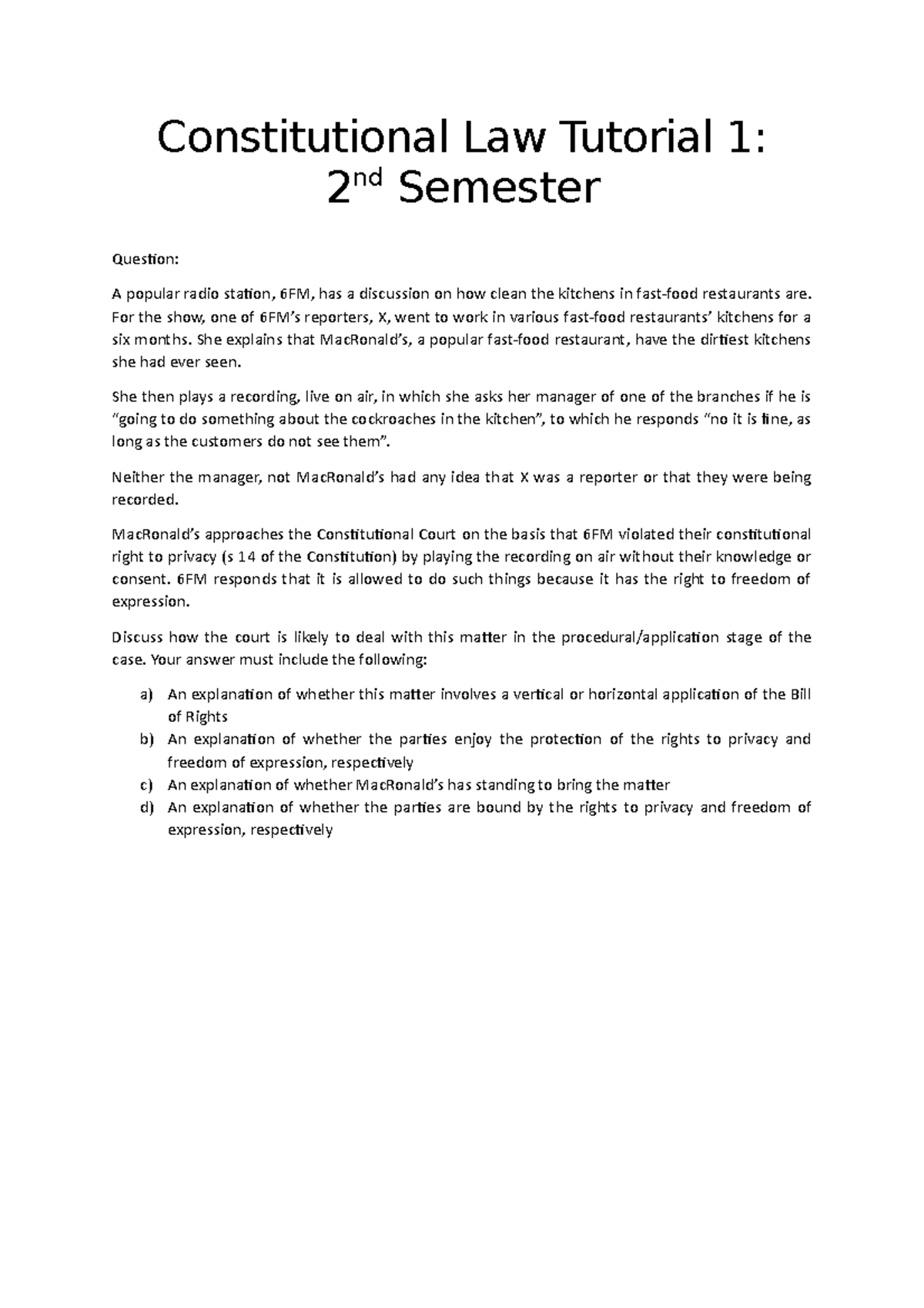 Constitutional Law Tutorial 1 Semester 2 - Constitutional Law Tutorial 1: 2 nd Semester Question ...