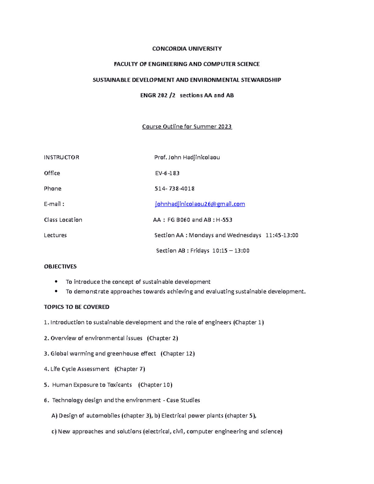 ENGR 202-Course Outline Summer 2023 - CONCORDIA UNIVERSITY FACULTY OF ...