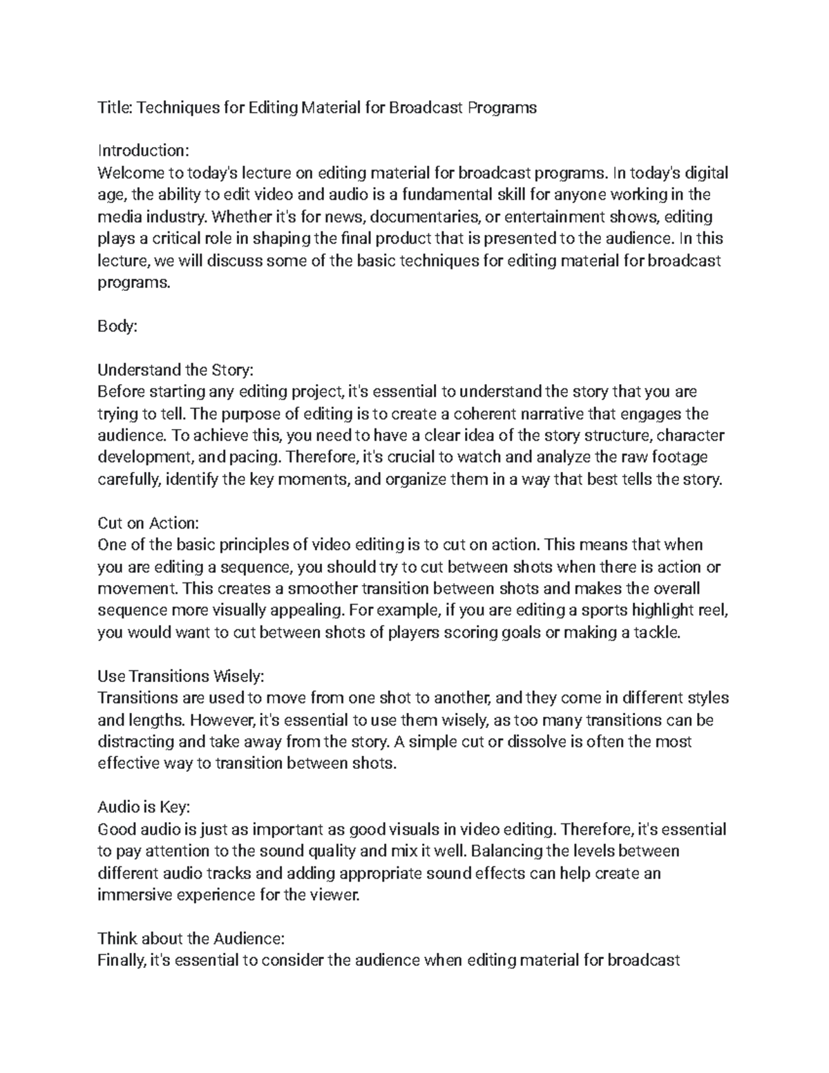 Techniques for Editing Material for Broadcast Programs - Title ...