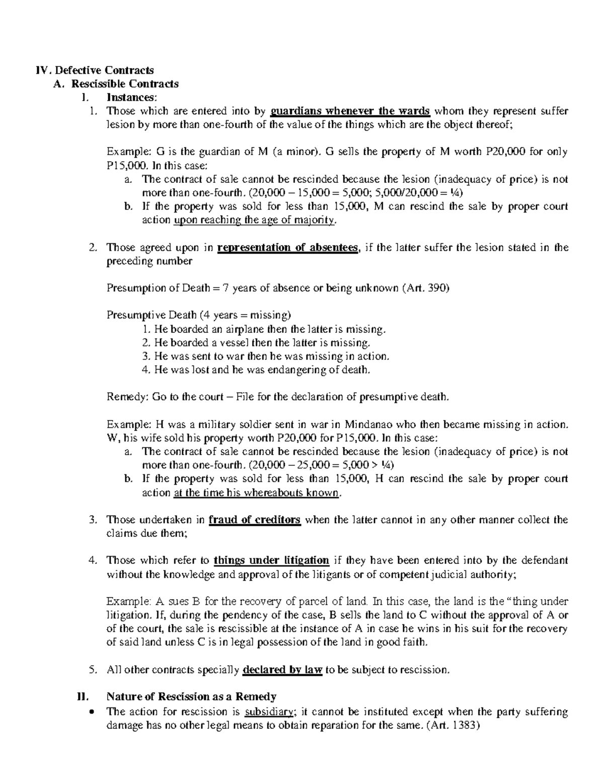 RFBT Notes Defective Contracts and LAW ON Partnership - IV. Defective ...