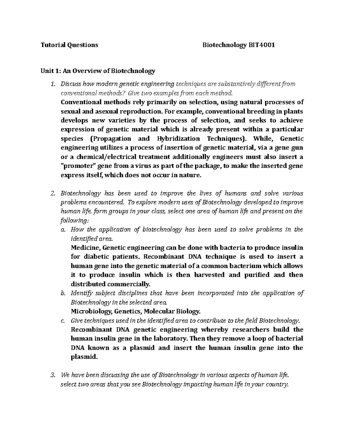 Unit 1 Tutorial Questions Biotechnology 2020 - Tutorial Questions ...