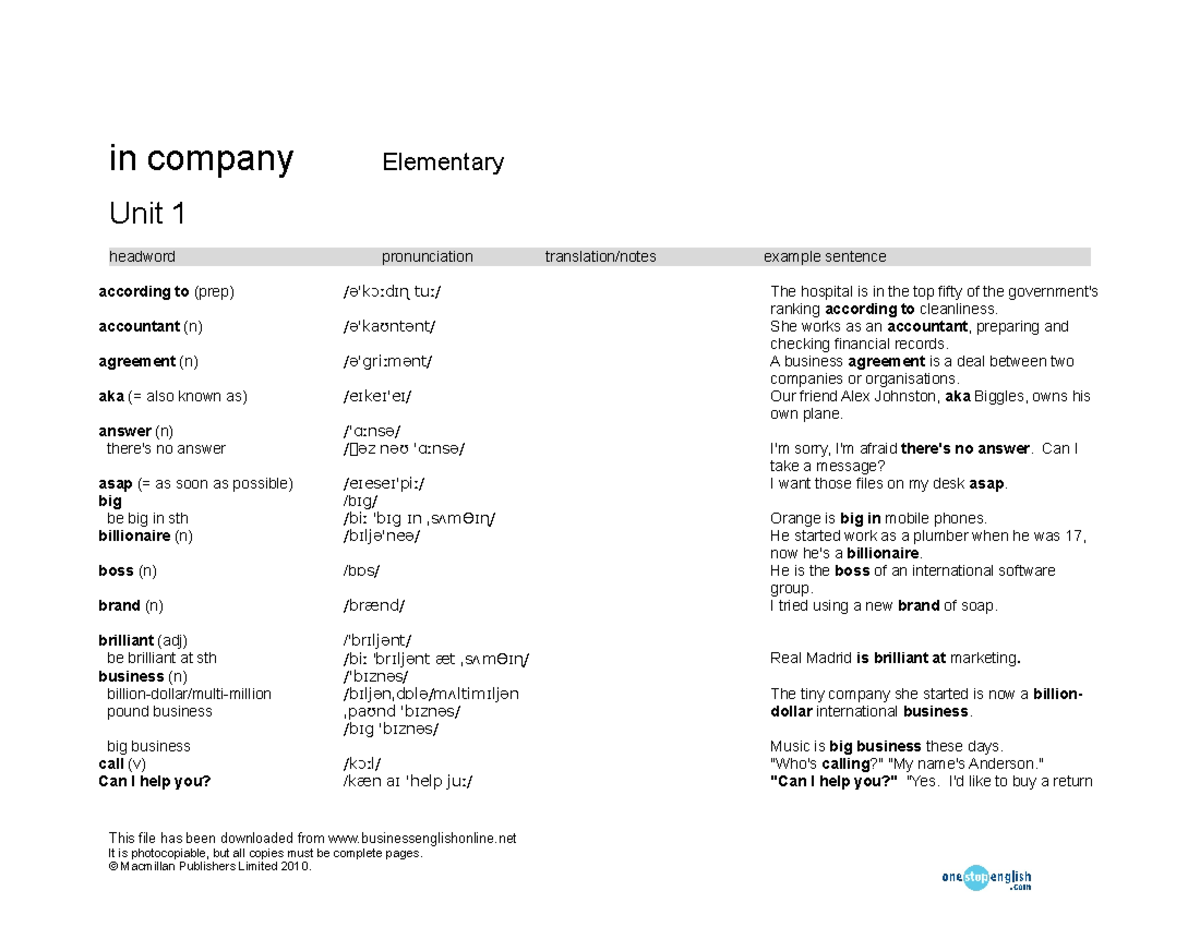 IC-Elem-Unit-1-wordlist afl1 - in company Elementary Unit 1 headword pronunciation translation ...