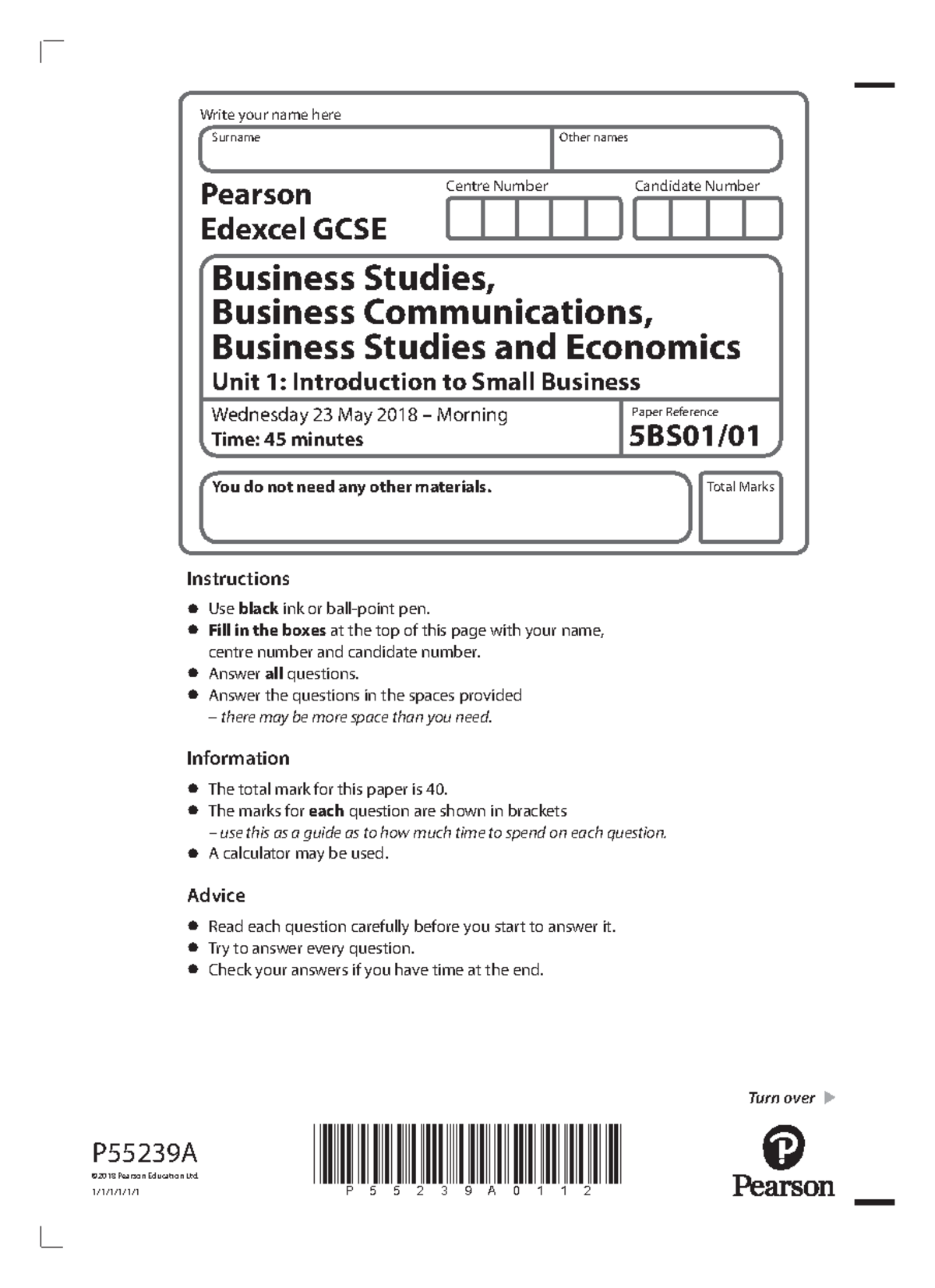 5bs01 may 2018 paper 1 qp edexcel gcse business studies - Business ...