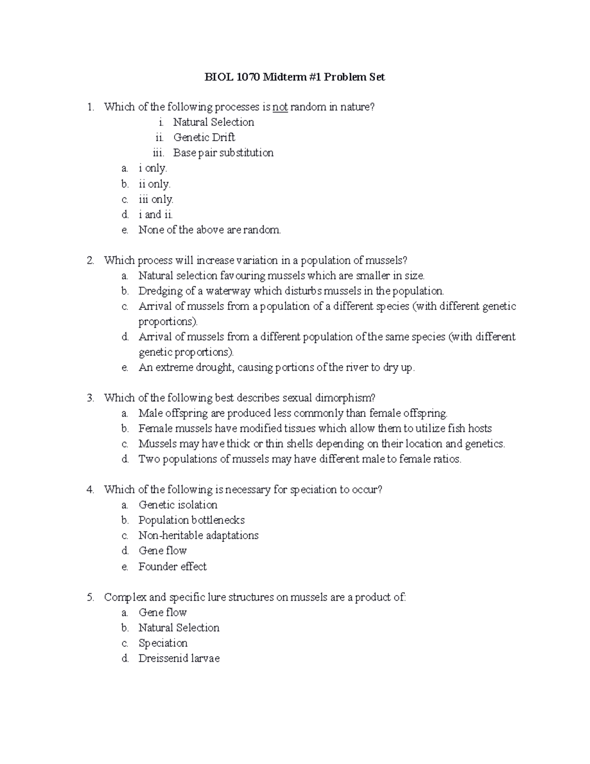 Sample/practice exam 2015, questions - BIOL 1070 Midterm #1 Problem Set Which of the following ...