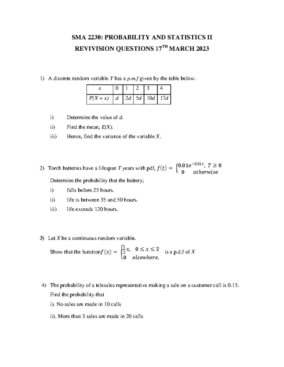 SMA 2230 PROB. & Stats II - SMA 2230: PROBABILITY AND STATISTICS II ...