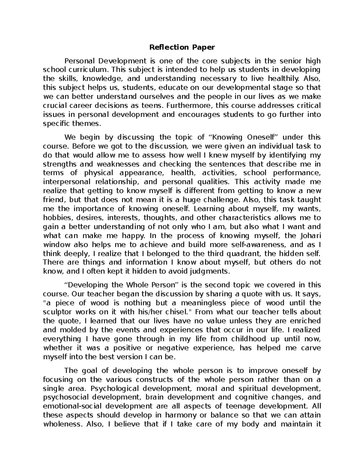 1st-Quater Per Dev Reflection Paper - Reflection Paper Personal ...