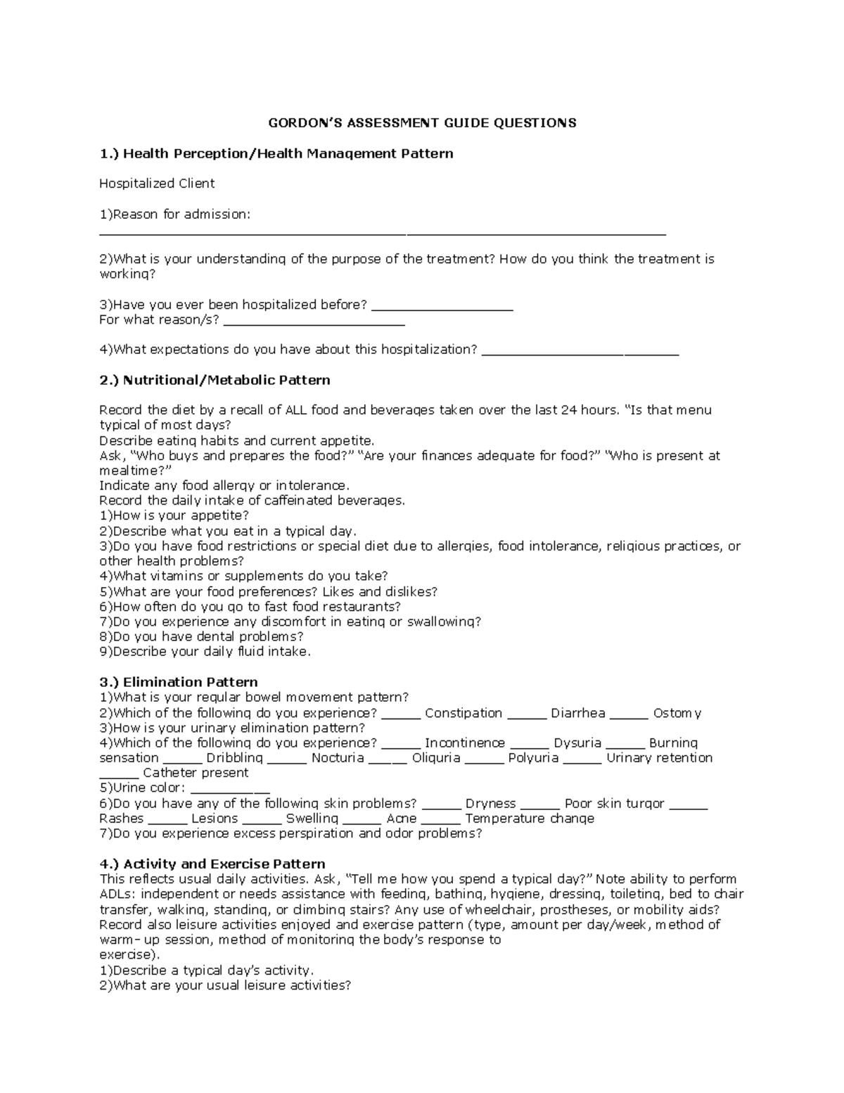 Gordons Assessment Guide Questions - GORDON’S ASSESSMENT GUIDE ...